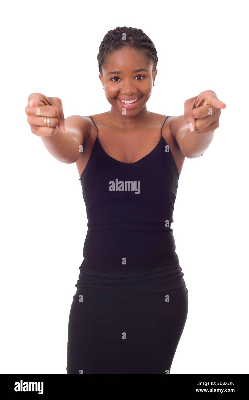 african girl pointing, isolated on white background Stock Photo - Alamy