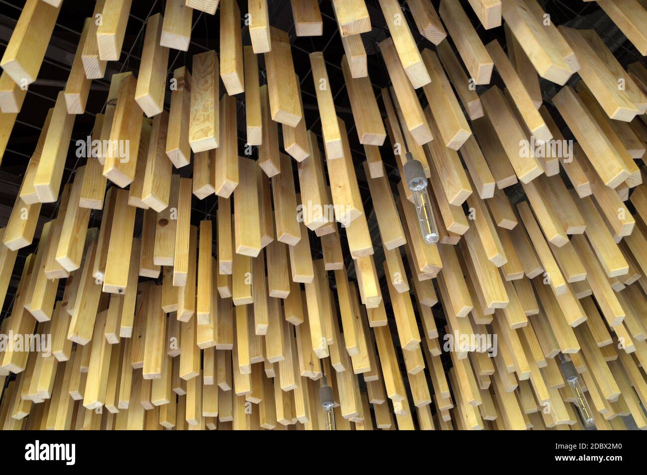 Wooden sticks hanging with long bulbs. Idea for decoration of ceiling ...