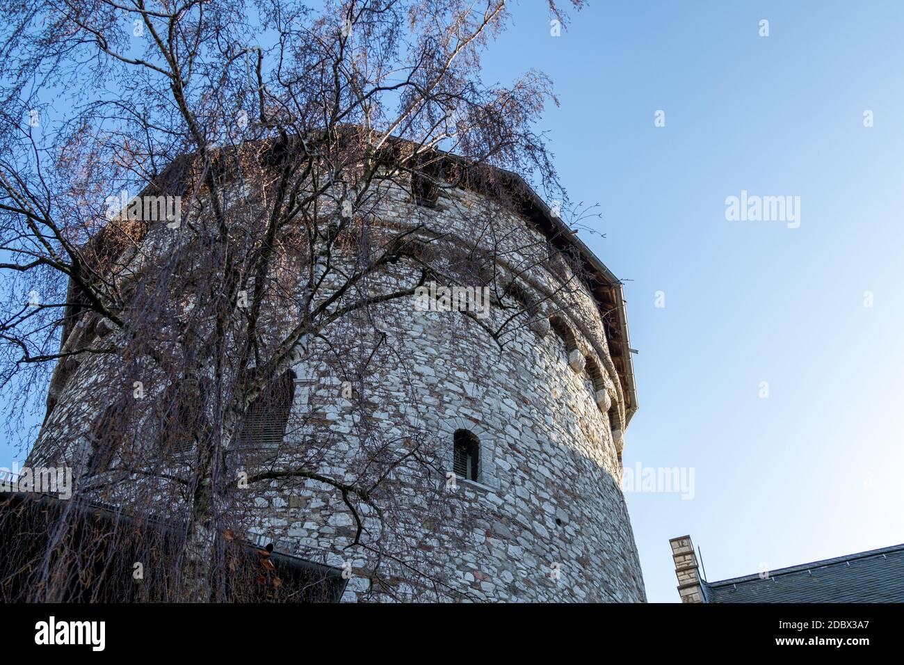 Low angle view at a tower and tree of Stolberg castle in Stolberg ...
