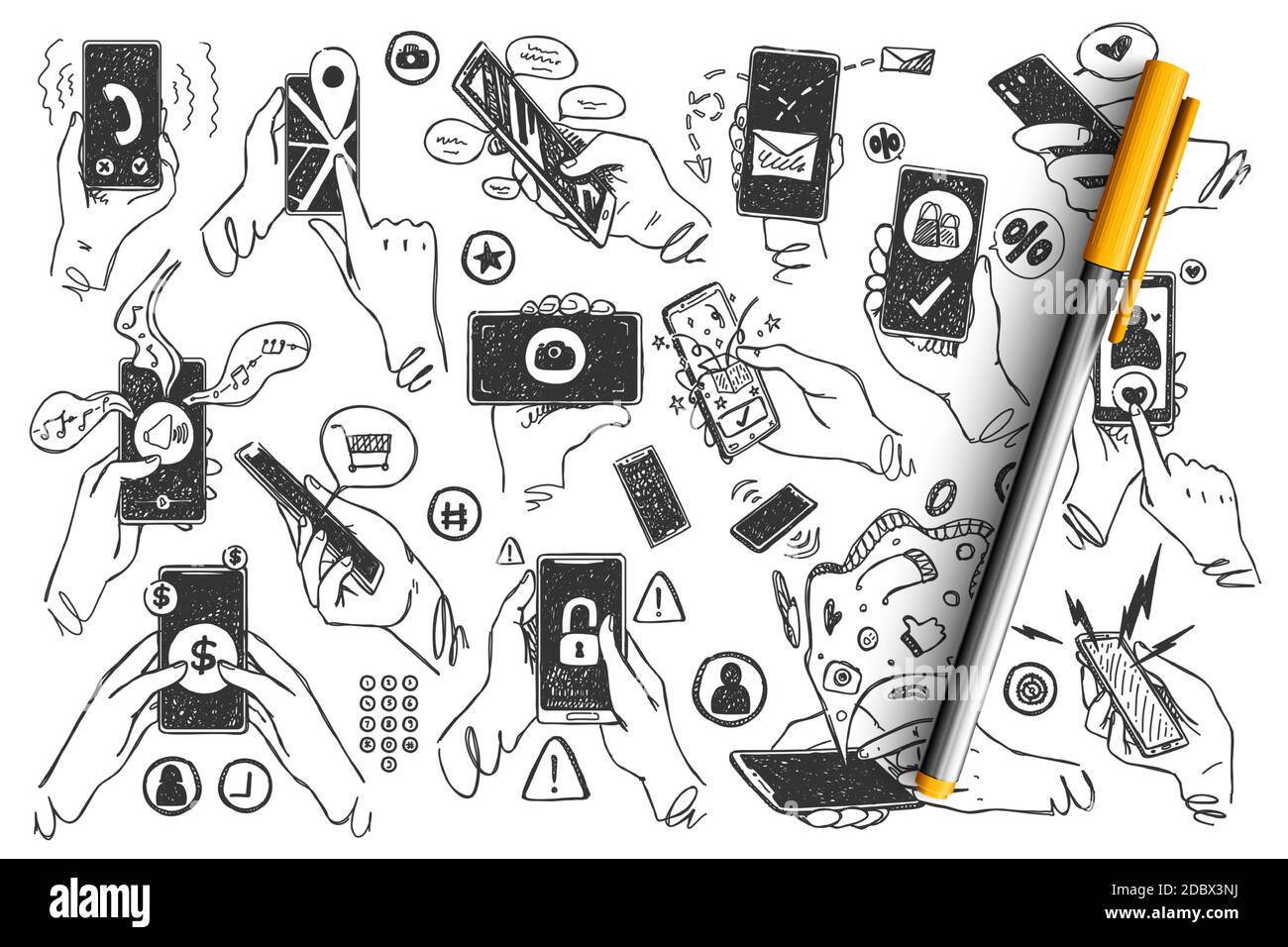 Hands with smartphones doodle set. Hand drawn human palms hold mobile ...