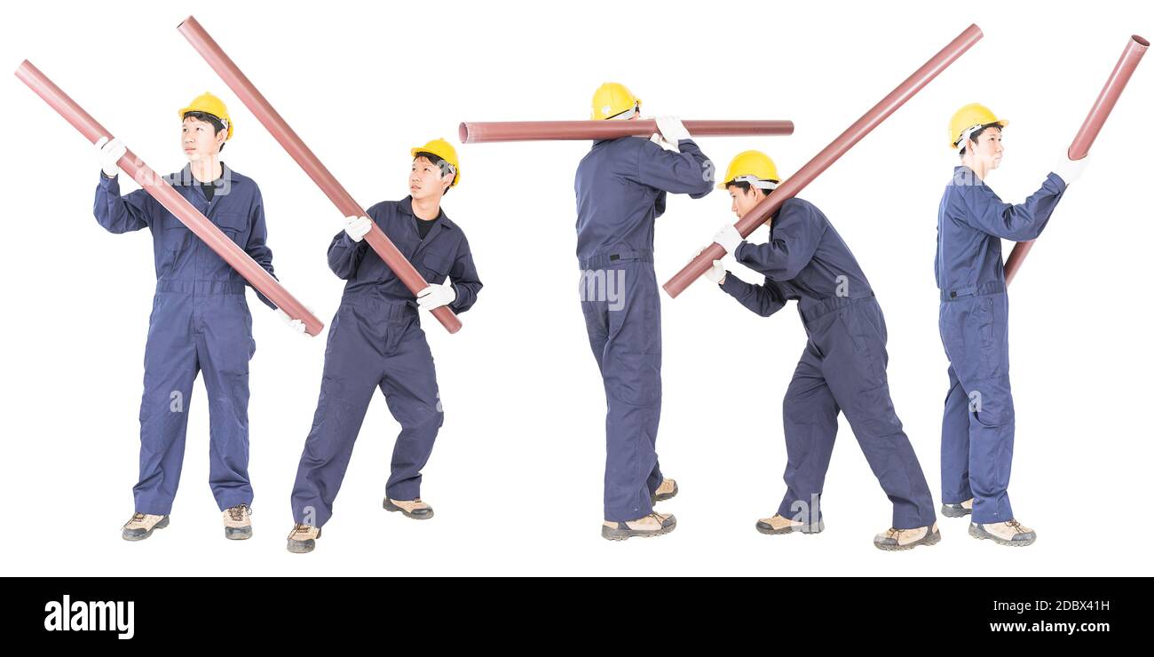 Set Young plumber holding pvc pipe isolated on white background Stock ...