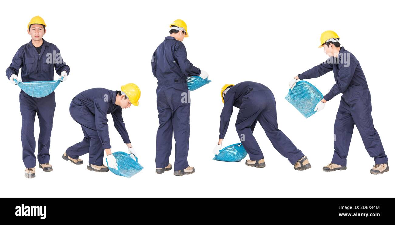 Set of Young worker in uniform hold Hod or clam-shell shaped basket is ...