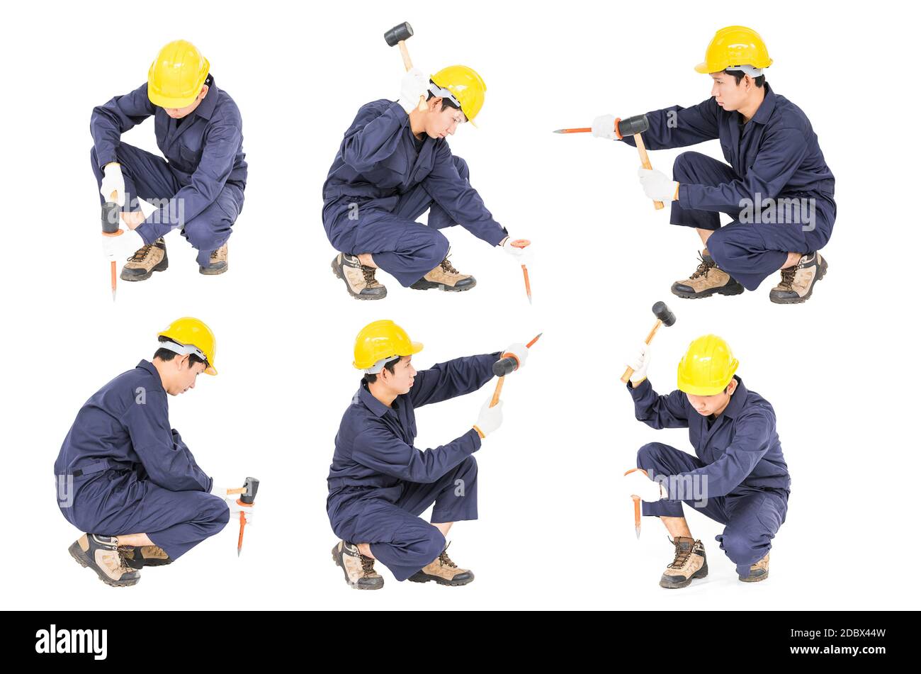 Set of Young man in uniform sit and holding hammer was nailed to a cold ...