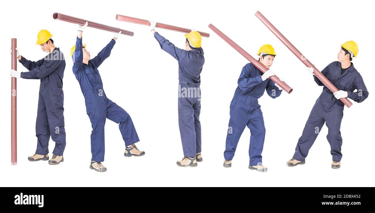 Set of Young plumber in uniform holding pvc pipe isolated on white ...