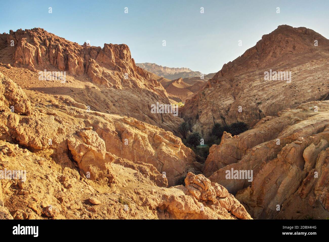Dry rocks in desert, lit by midday sun. Chebika oasis, Atlas Mountains ...