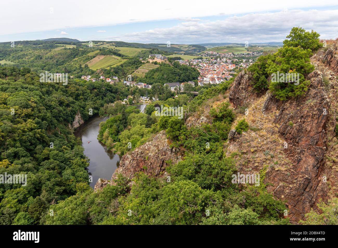 Scenic view from Rheingrafenstein at landscape with river nahe and Bad ...