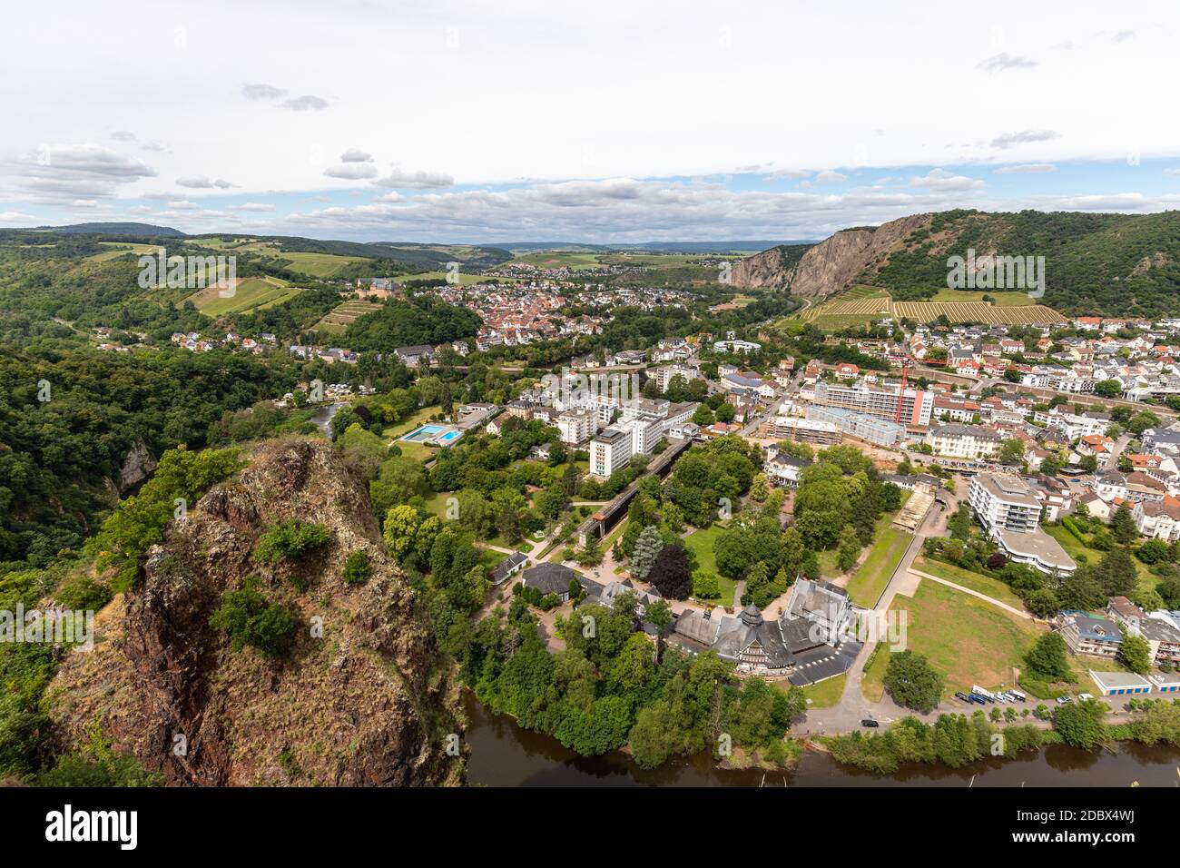 Scenic view from Rheingrafenstein at landscape with river nahe and Bad ...