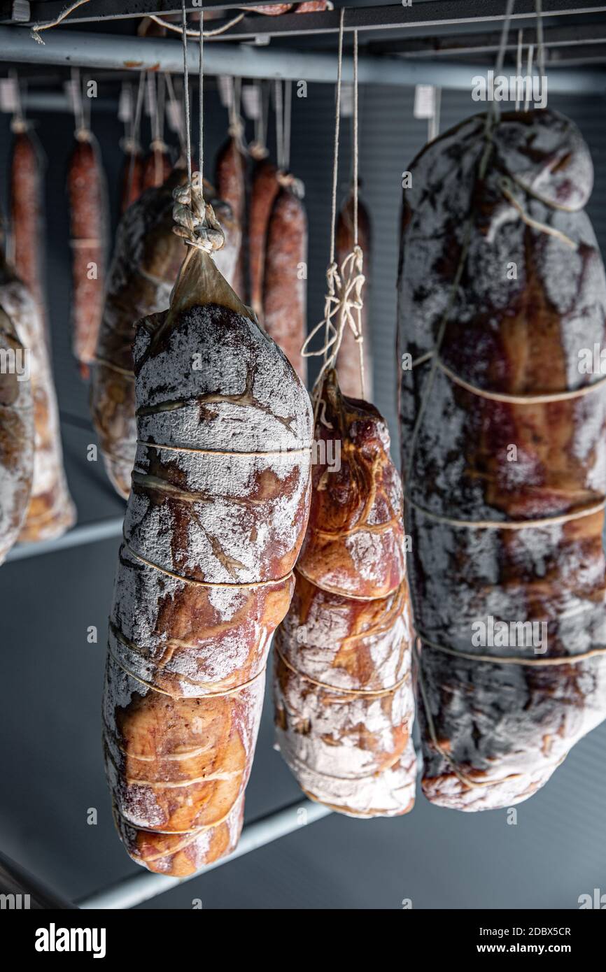 Nice mold starting to growth on salami, salami hanging in the warehouse ...