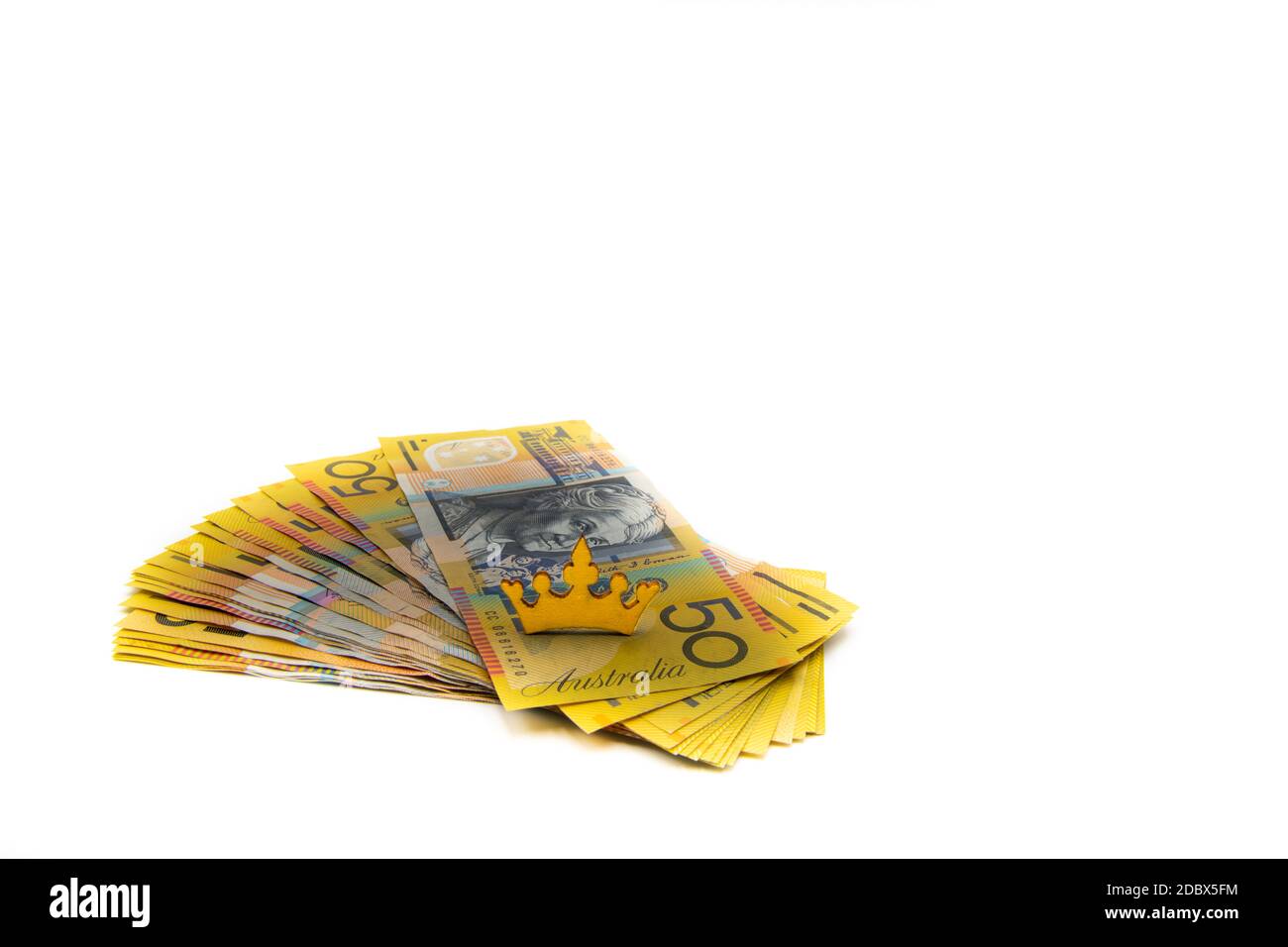 Stack of Australian 50 dollars banknotes isolated over white background ...