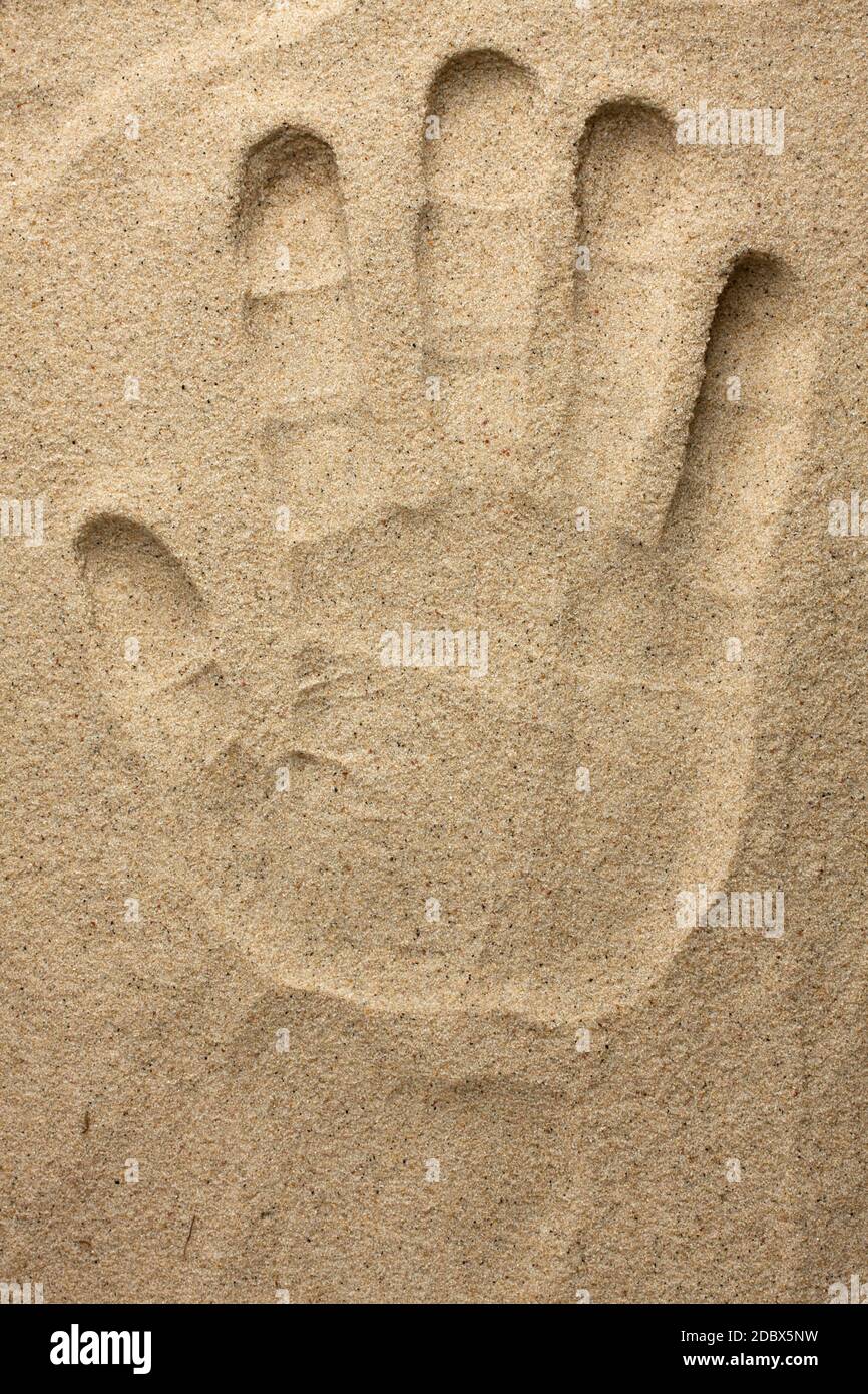 The imprint of man's hand in the sand Stock Photo - Alamy