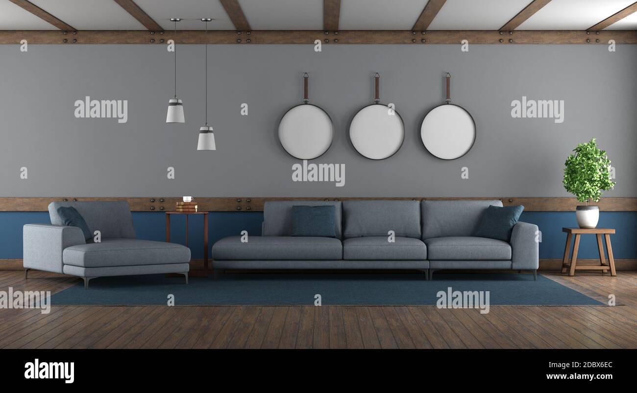 Blue and gray elegant living room with sofa and chaise louge - 3d ...