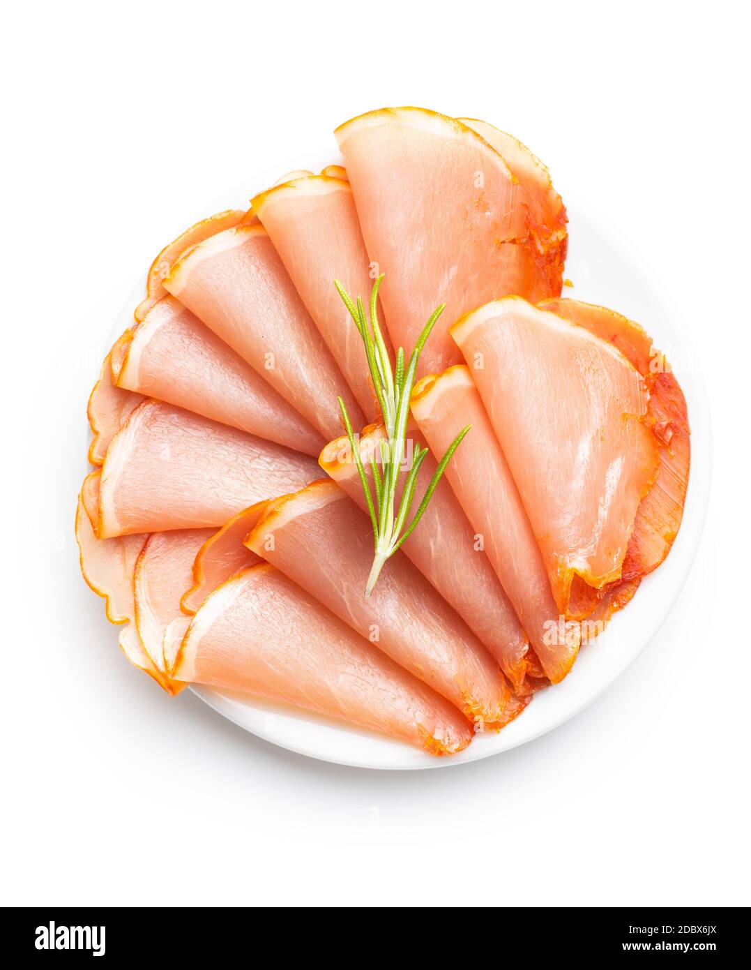 Dried spanish ham on plate. Lomo embuchado isolated on white background ...