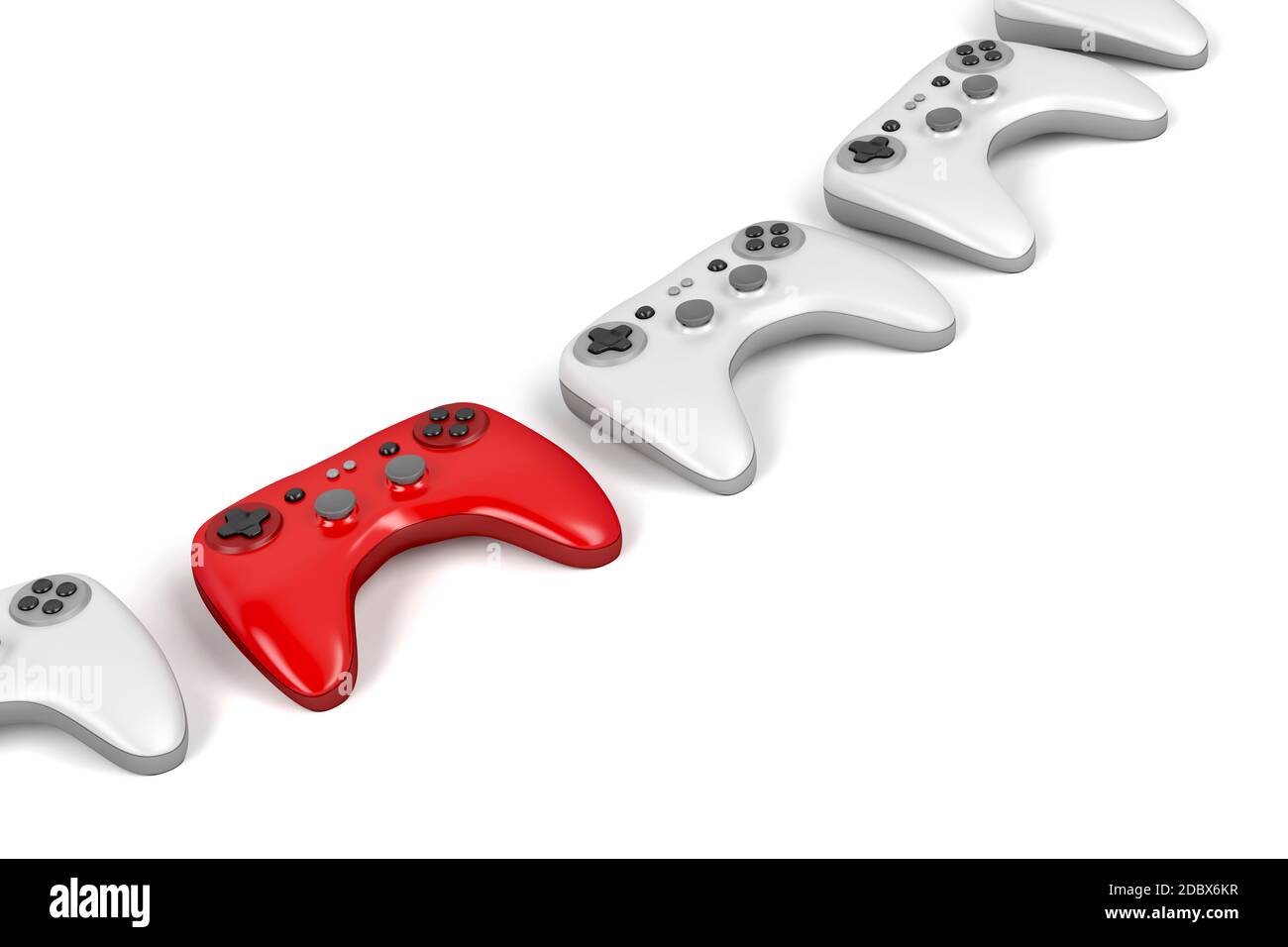 Unique red game controller in a row of white controllers Stock Photo ...