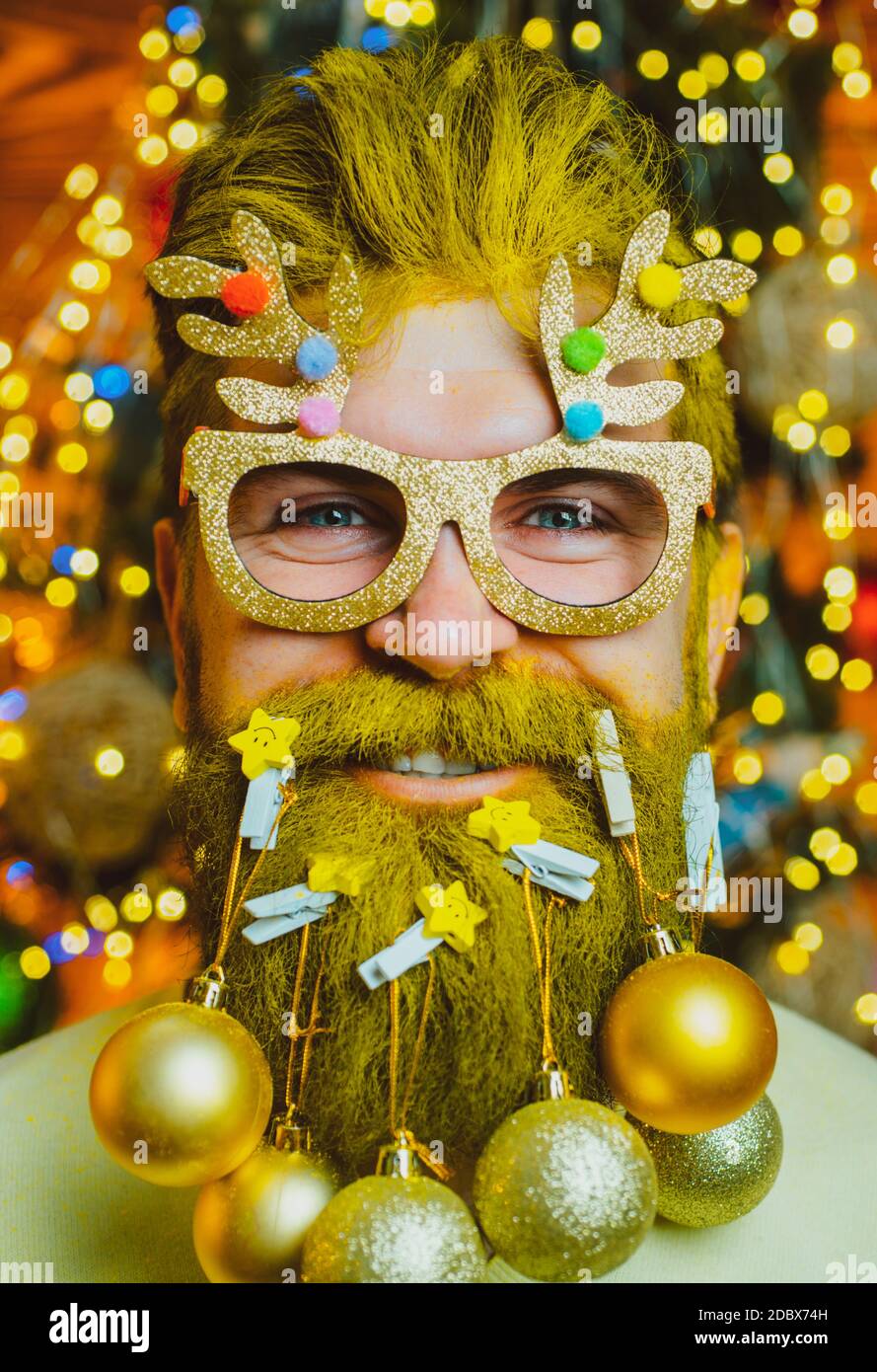 Bearded modern Santa Claus close up portrait. Styling Santa with a long ...