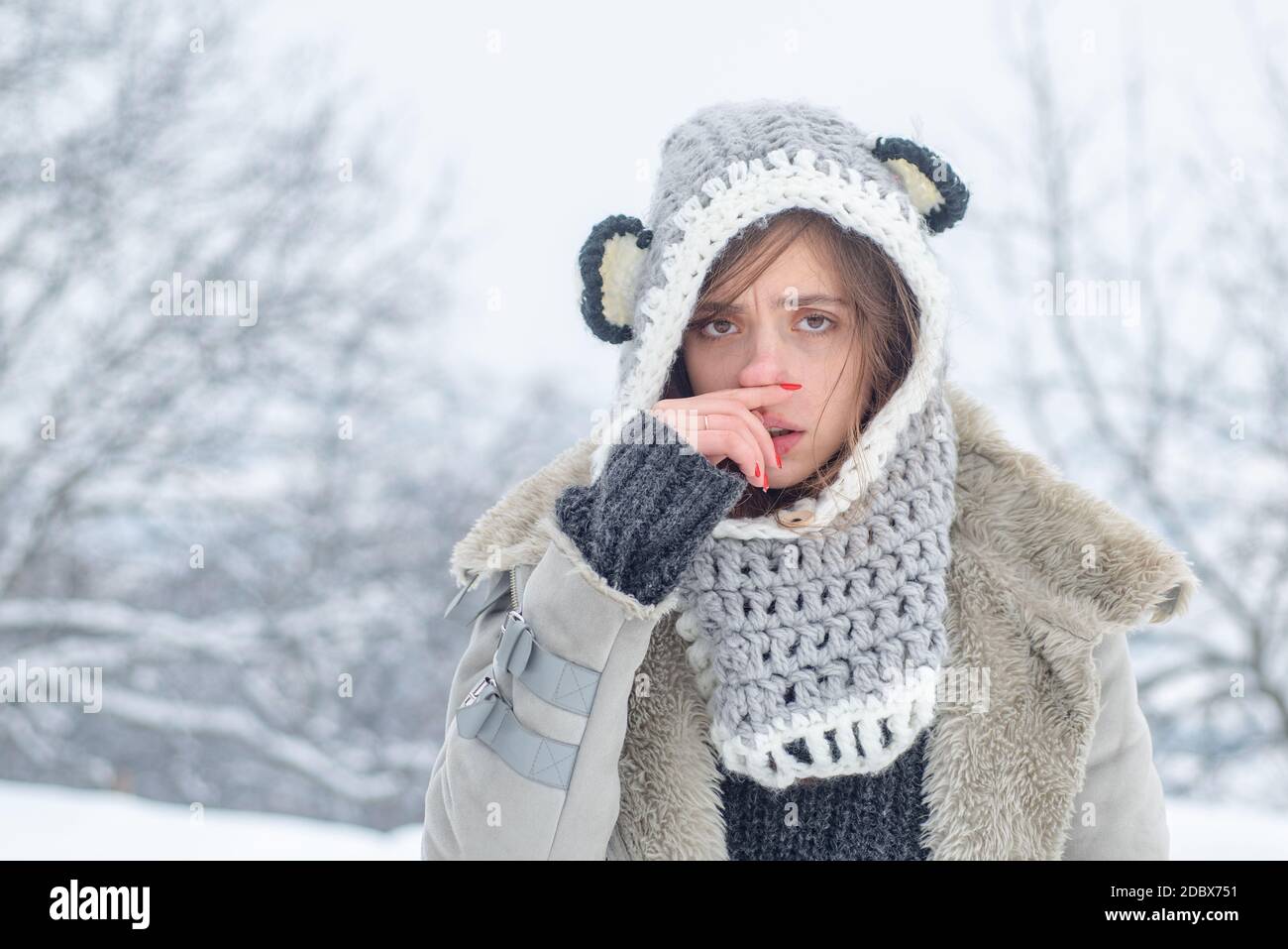 Sick in winter. Cold flu winter season, runny nose. Showing sick woman ...
