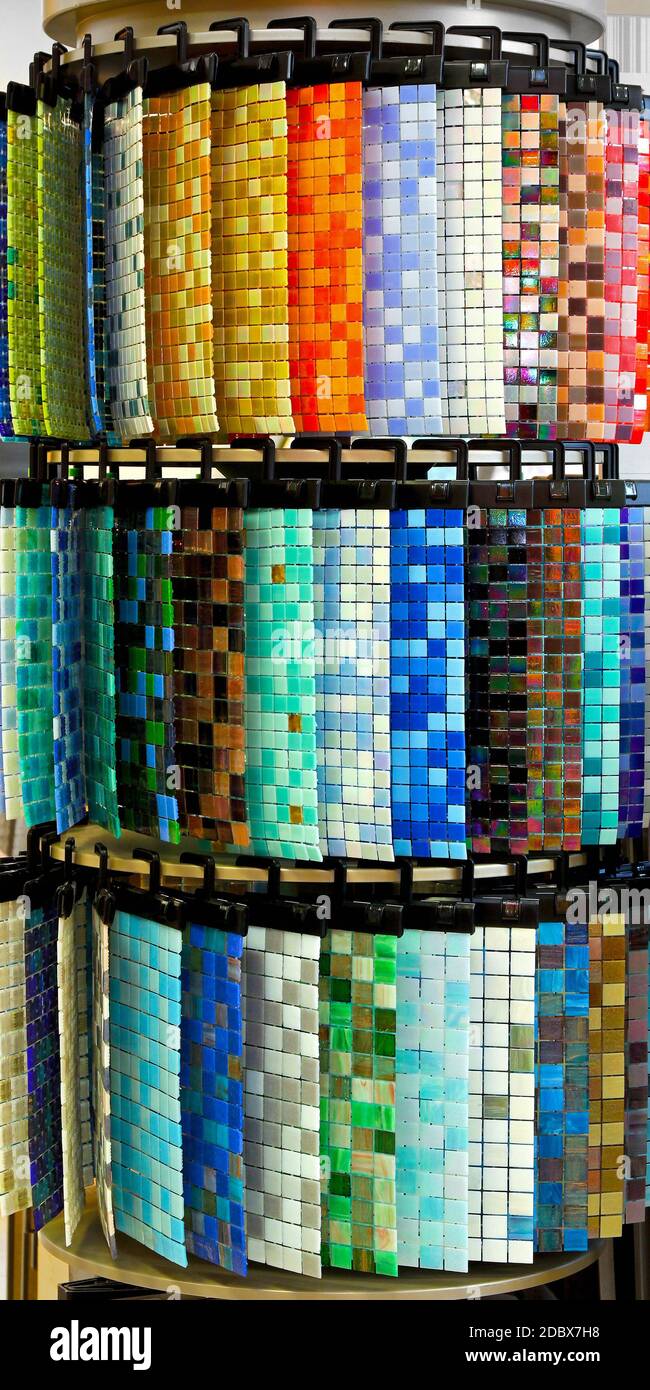 Colorful mosaic tile samples at big rack Stock Photo - Alamy