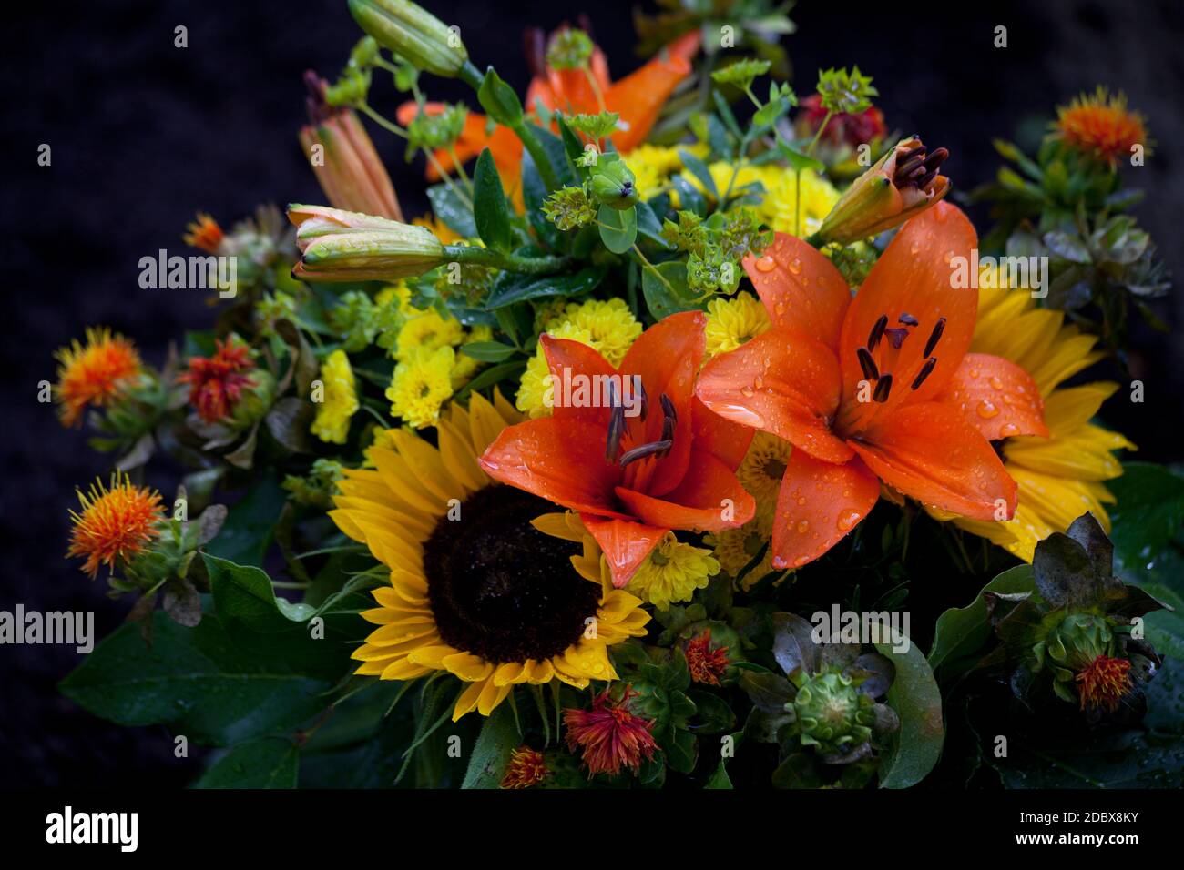 Bouquet with sunflower and lilies Stock Photo - Alamy