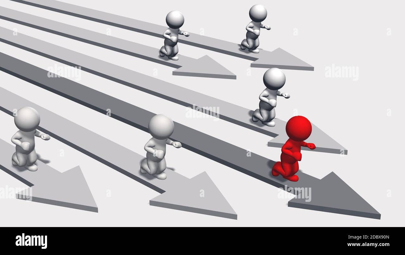 Index arrows in different color and stylized running 3D people overside ...