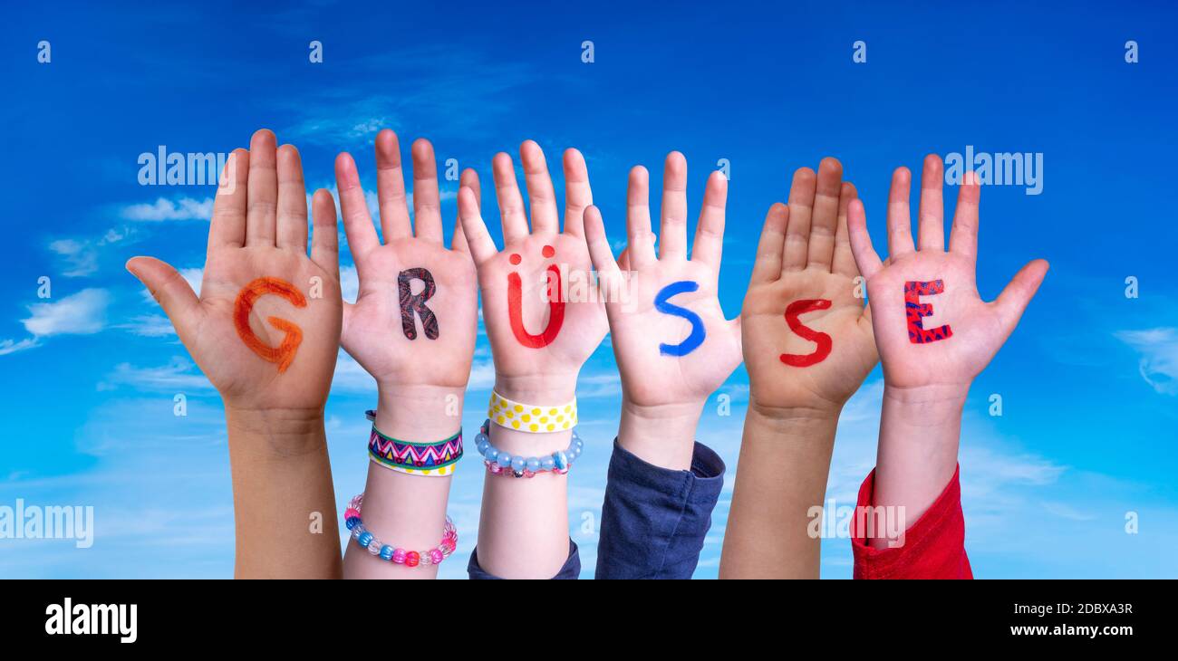 Children Hands Building Colorful German Word Gruesse Means Greetings ...