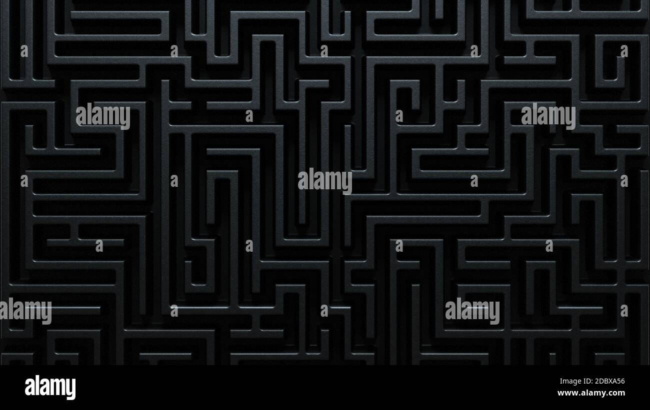 front view 3d illustration closeup of dark black labyrinth maze pattern ...