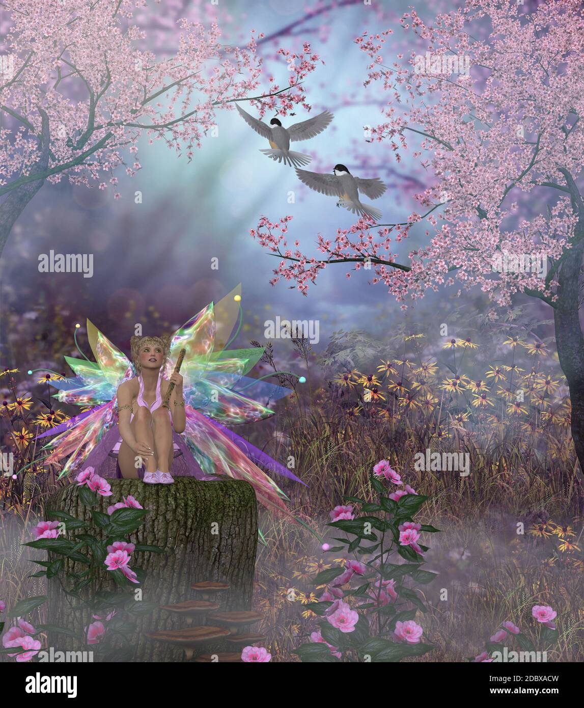 Fairy Patricia plays the flute for two Black-capped Chickadees in the ...