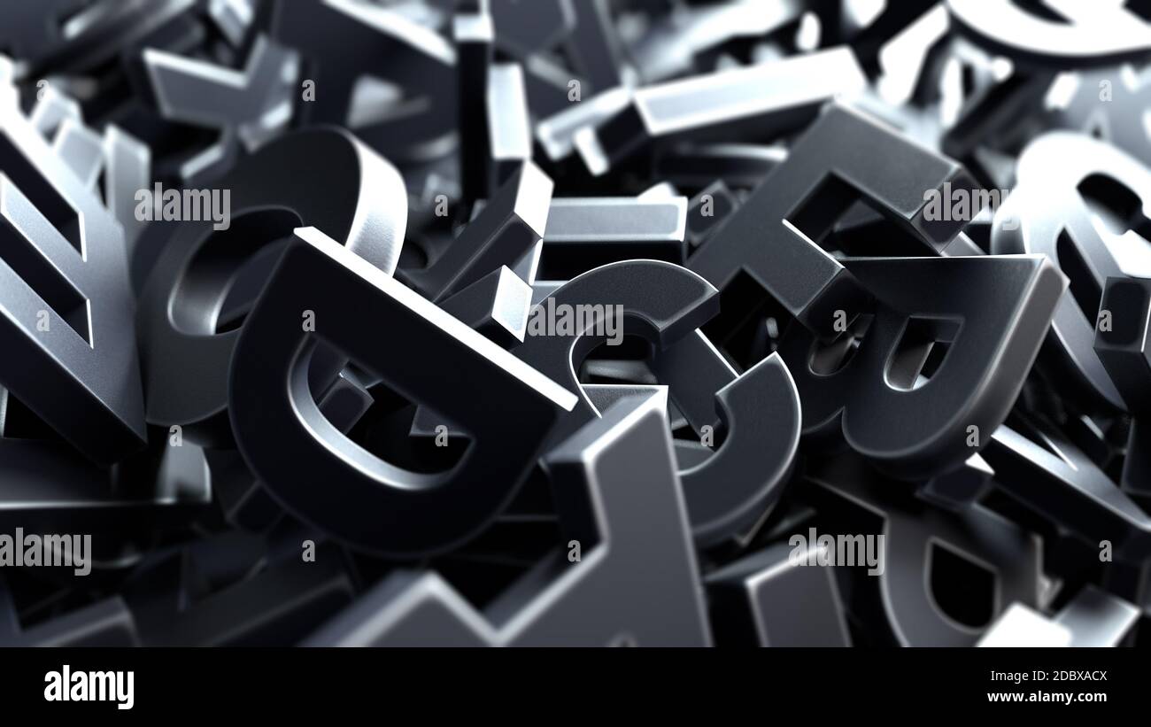 3d illustration concept closeup of many black metallic letters ...