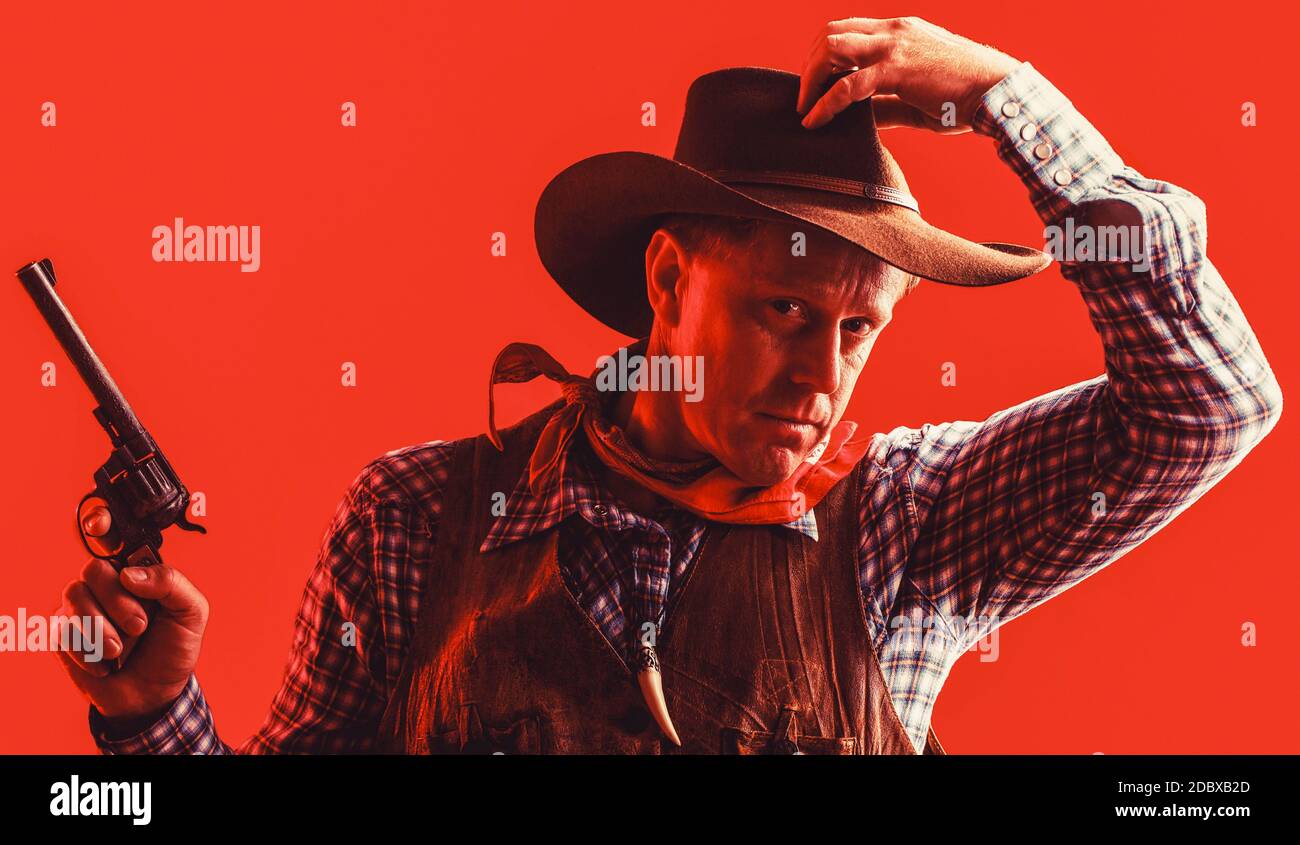 American bandit in mask, western man with hat. Portrait of a cowboy ...