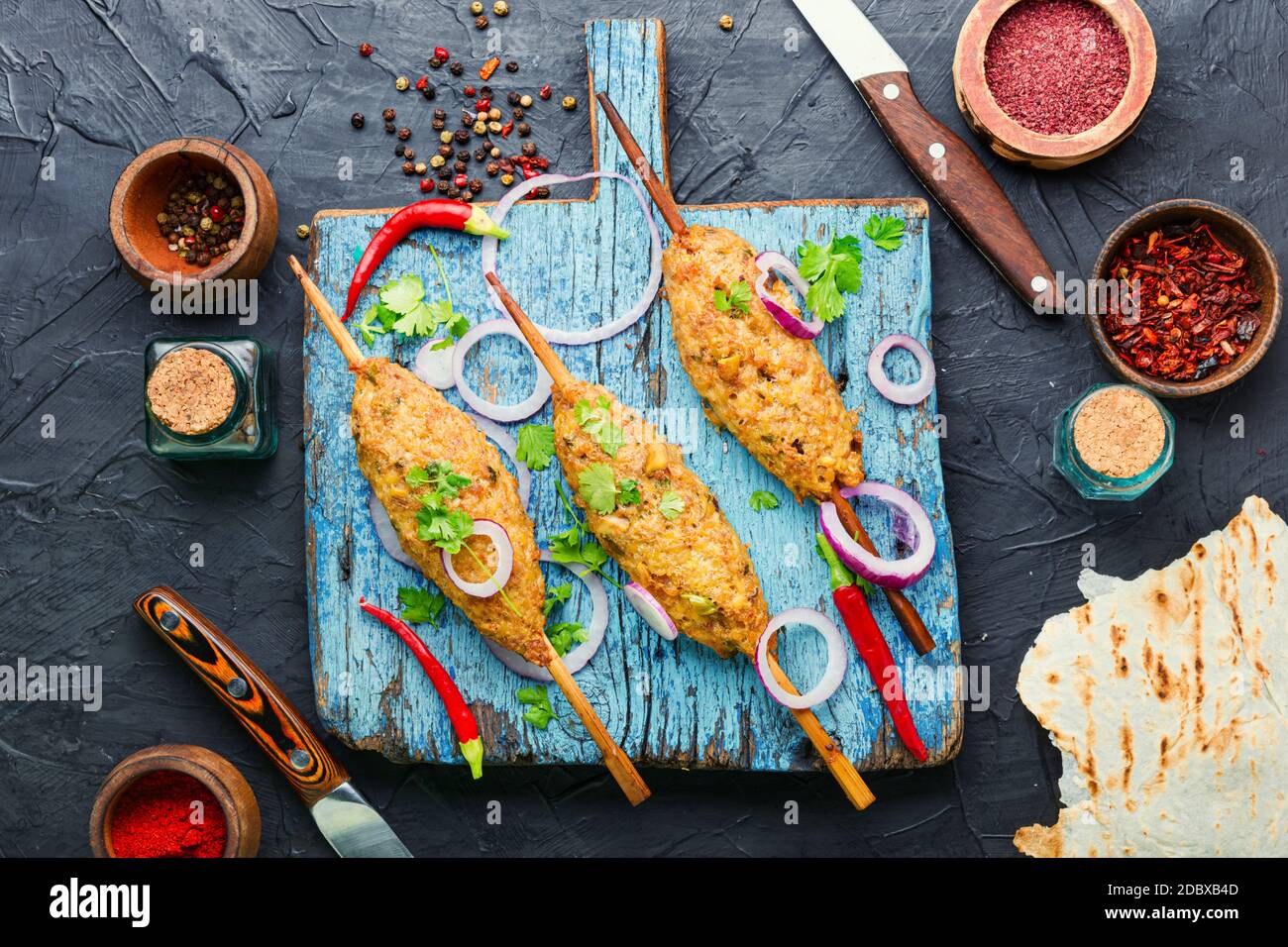 Minced meat skewers or lula kebab.Grilled lula kebab lamb.Shish kebab ...