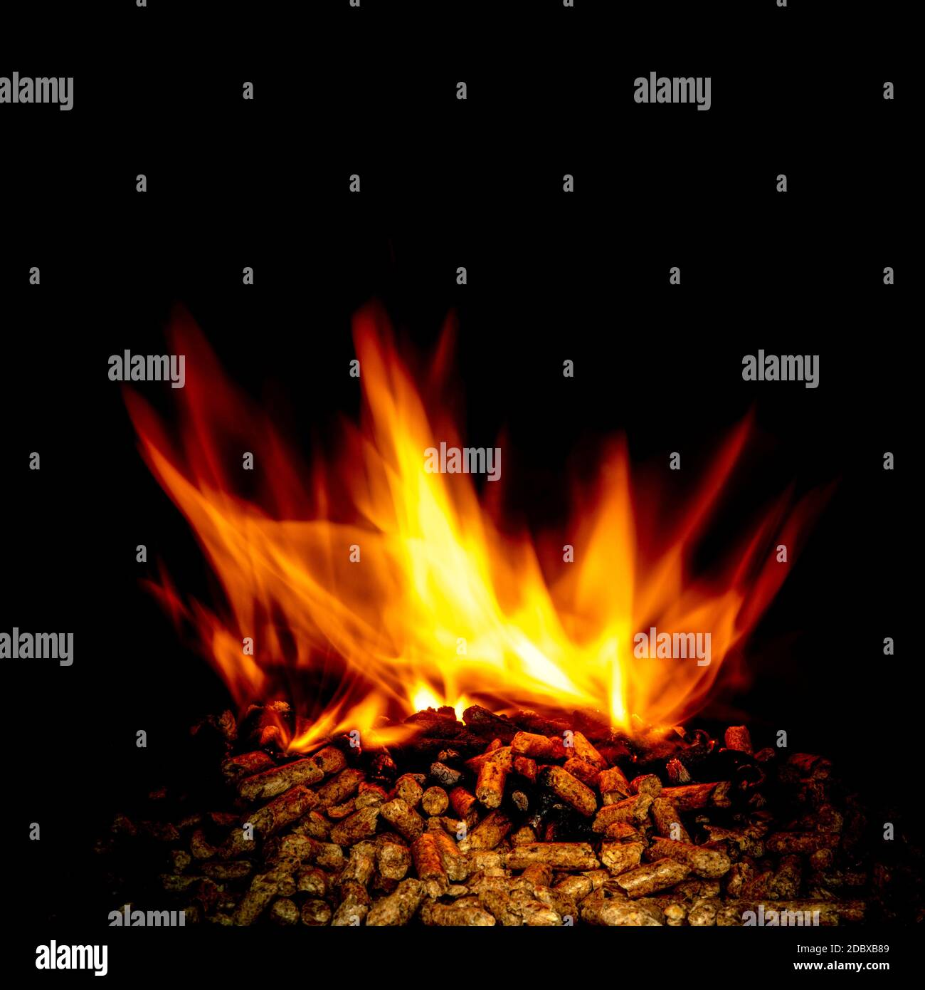 wood pellets burning with flames on black. Ecological and natural fuel ...