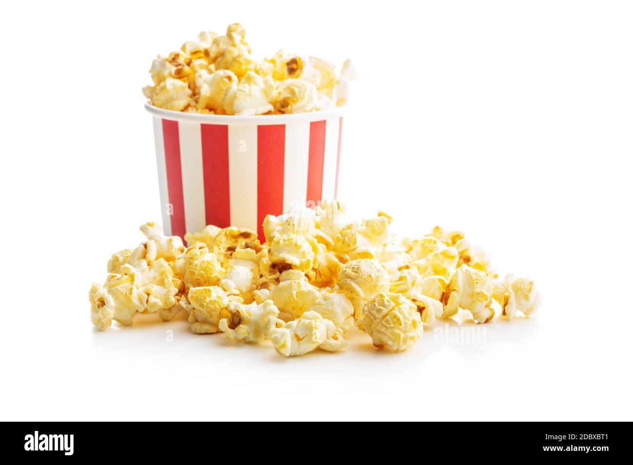 Sweet popcorn in striped paper cup isolated on white background Stock ...