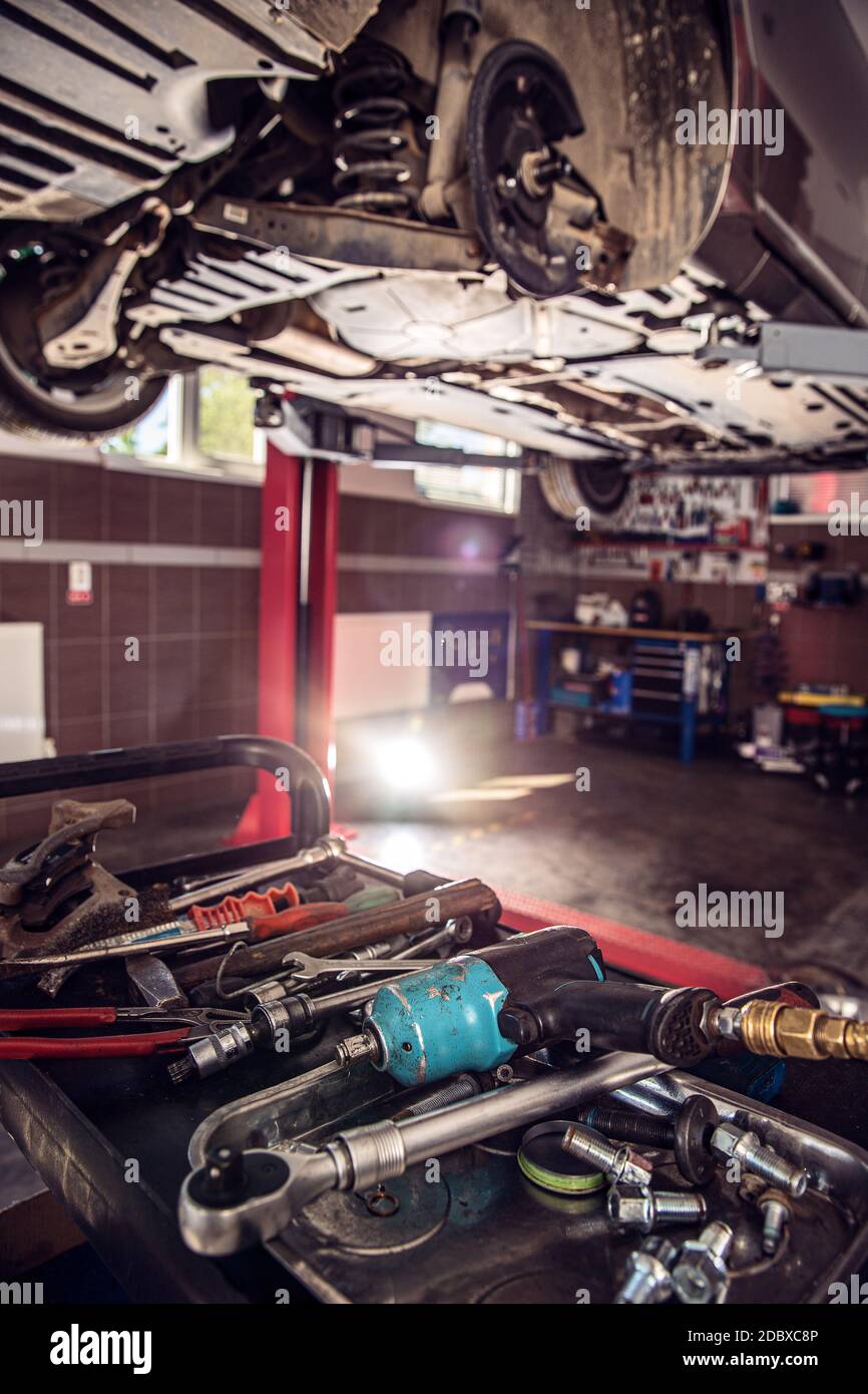 Interior of a car repair shop, focus on the tools Stock Photo - Alamy