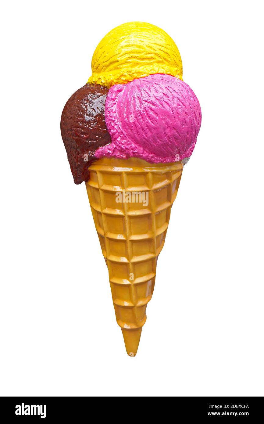 Three scoops of ice cream in cone isolated with clipping path Stock ...