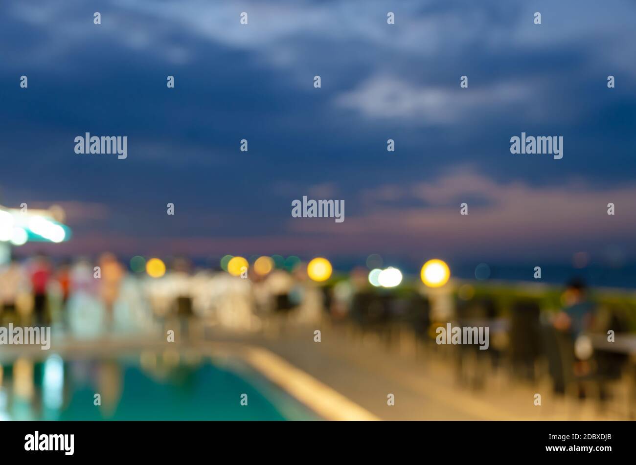 Blurred dining table restaurant terrace rooftop with beautiful sea view ...