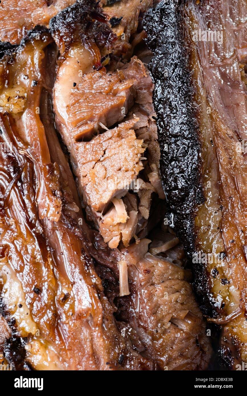close up of rustic american barbecue beef brisket food background Stock ...