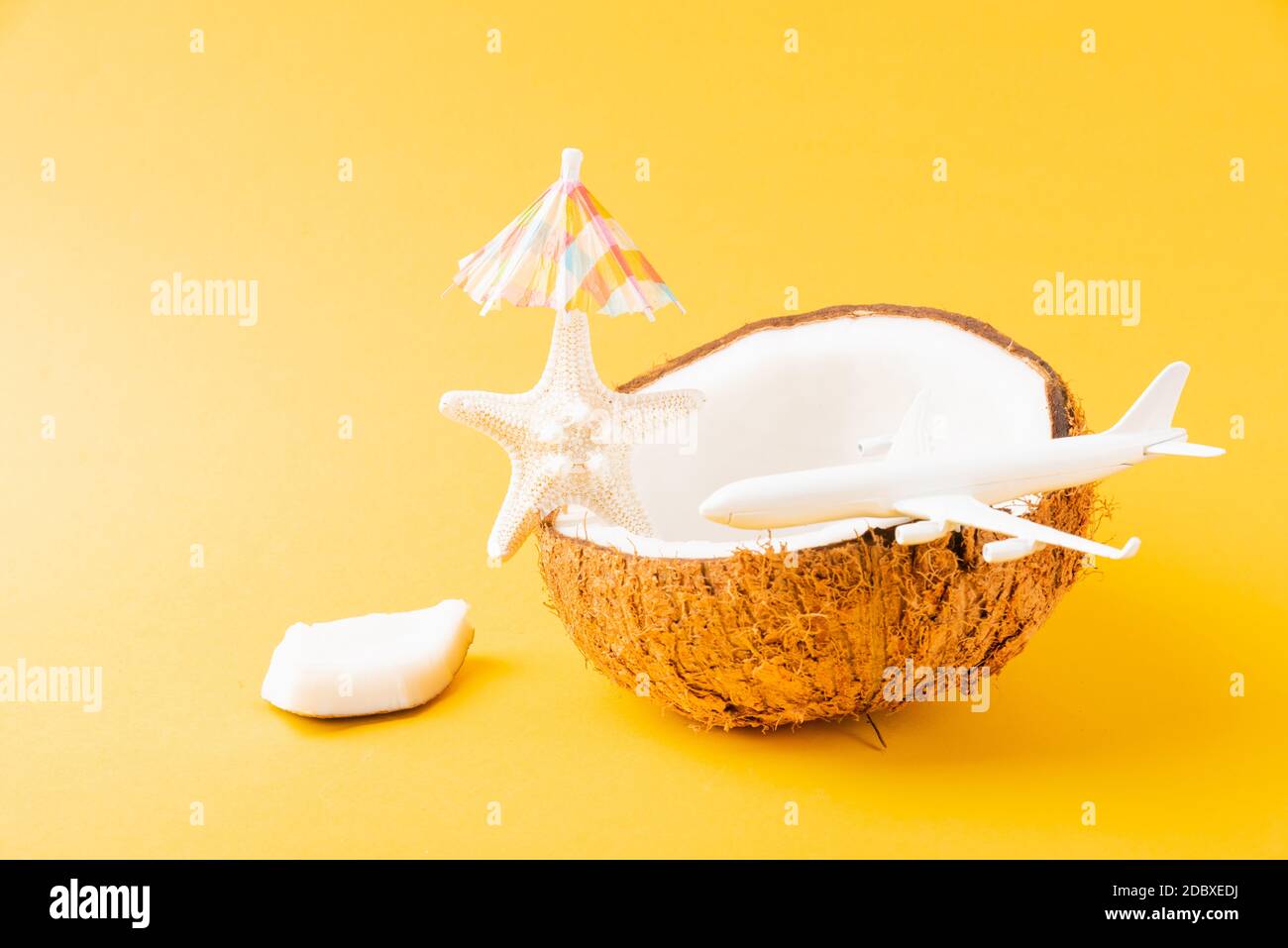Happy coconuts day concept, fresh coconut, starfish, plane, airplane ...