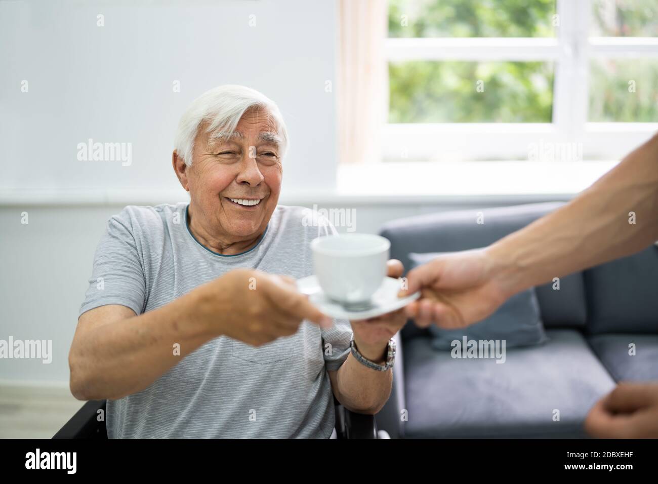 Old Patient Home Care Nurse Bringing Tea Stock Photo - Alamy