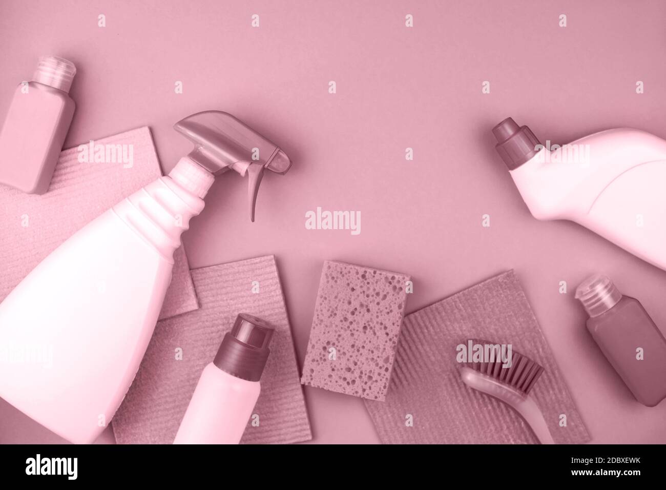 House cleaning products are on pink background. Cleaning concept Stock ...