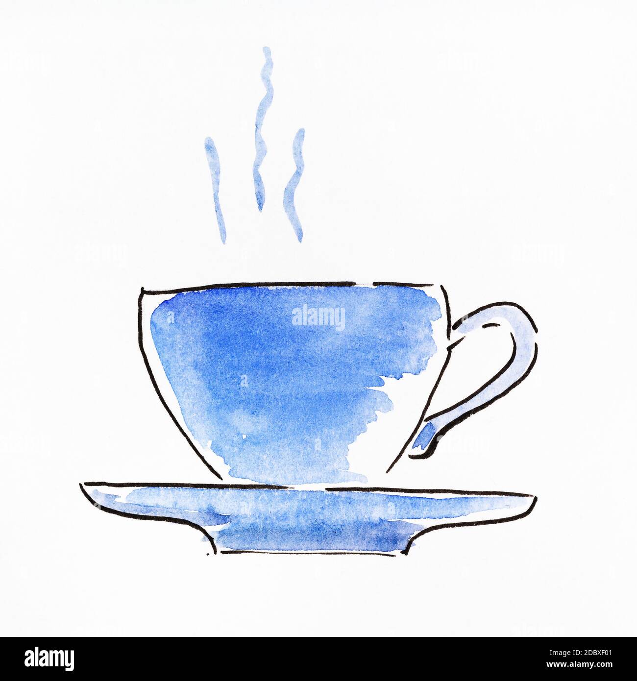 sketch of side view of tea cup and saucer hand-drawn by black ink and ...
