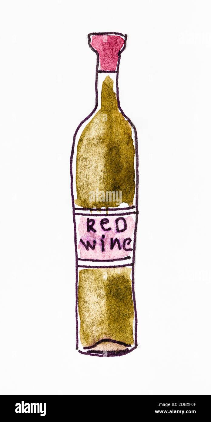 sketch of brown bottle of red wine hand-drawn by black ink and ...