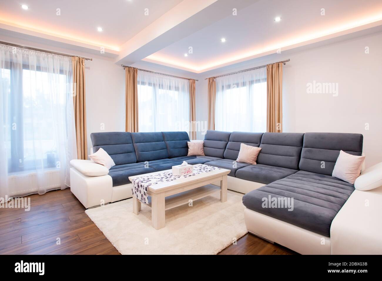 Modern living room interior - wide angle photo Stock Photo - Alamy