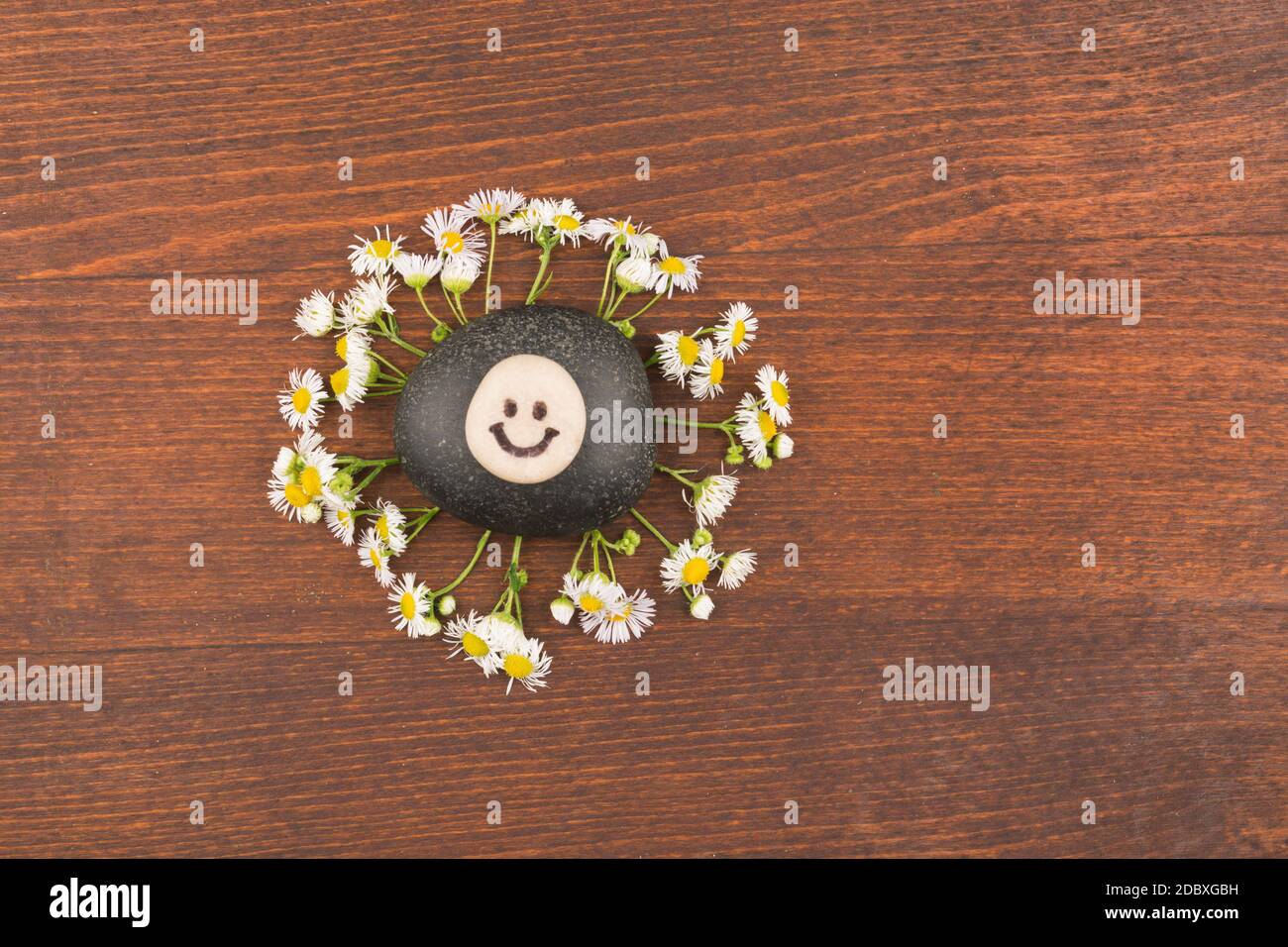 Pyramid smiley stone and daisies lying on a wooden surface. View from ...