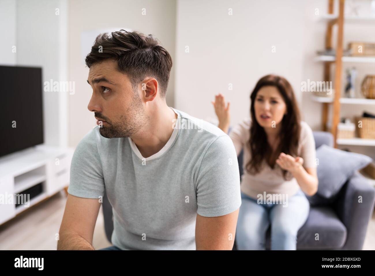 Sad Man Arguing Couple Family Divorce With Woman Stock Photo - Alamy