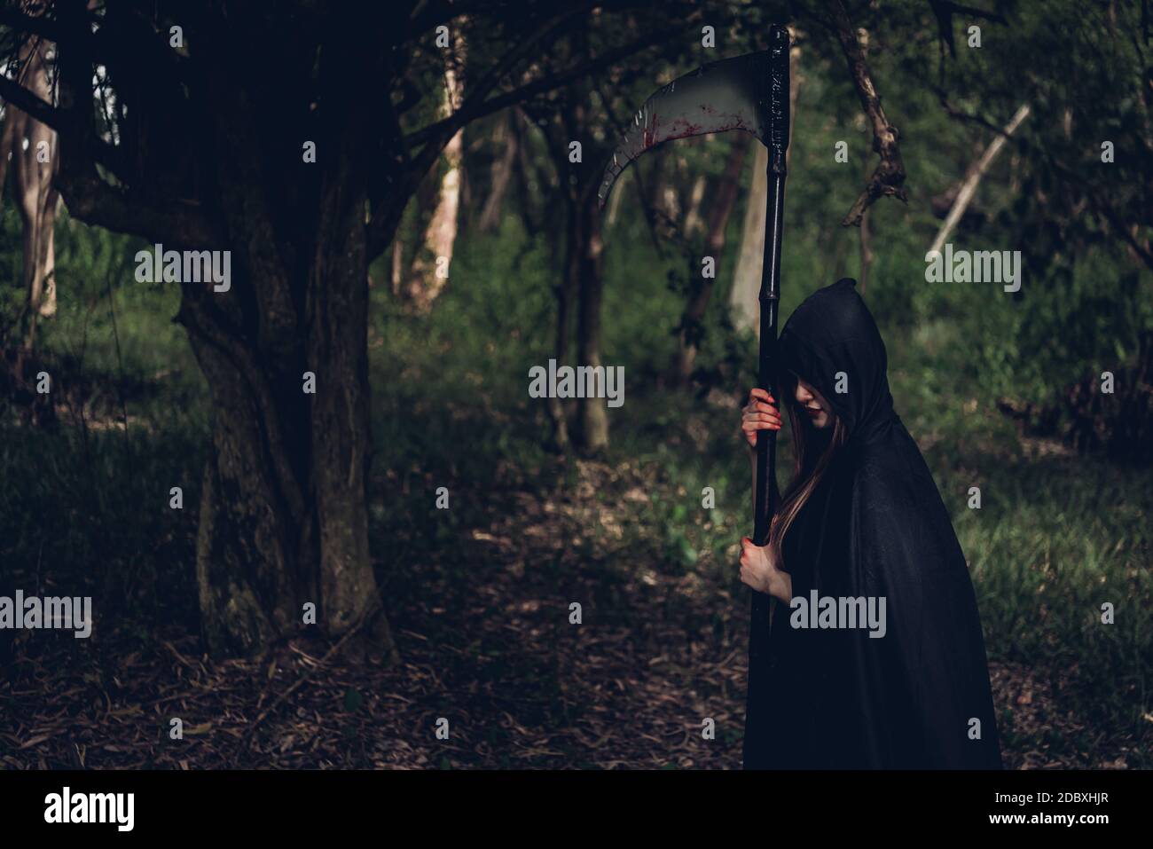 Woman horror ghost holding reaper in forest, halloween concept Stock ...
