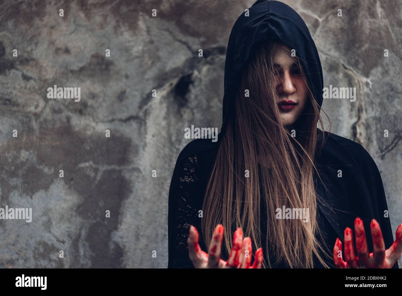 Portrait monster woman ghost and hand have red blood, halloween concept ...