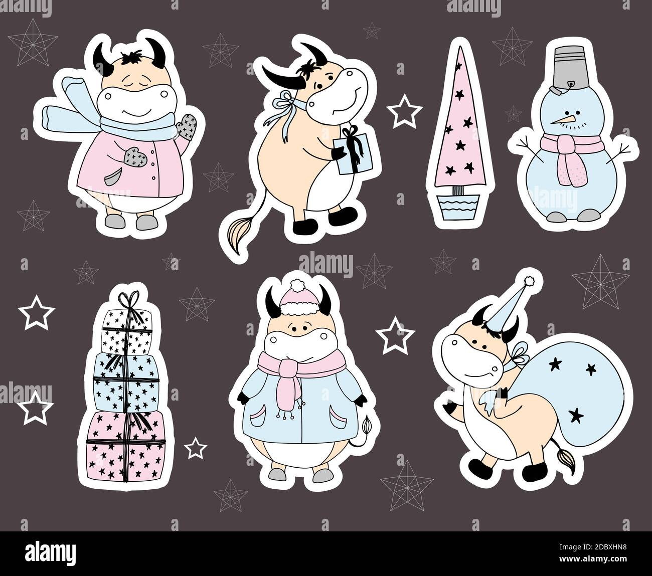 Bull character stickers. 2021 symbol vector icons. Ox character set ...