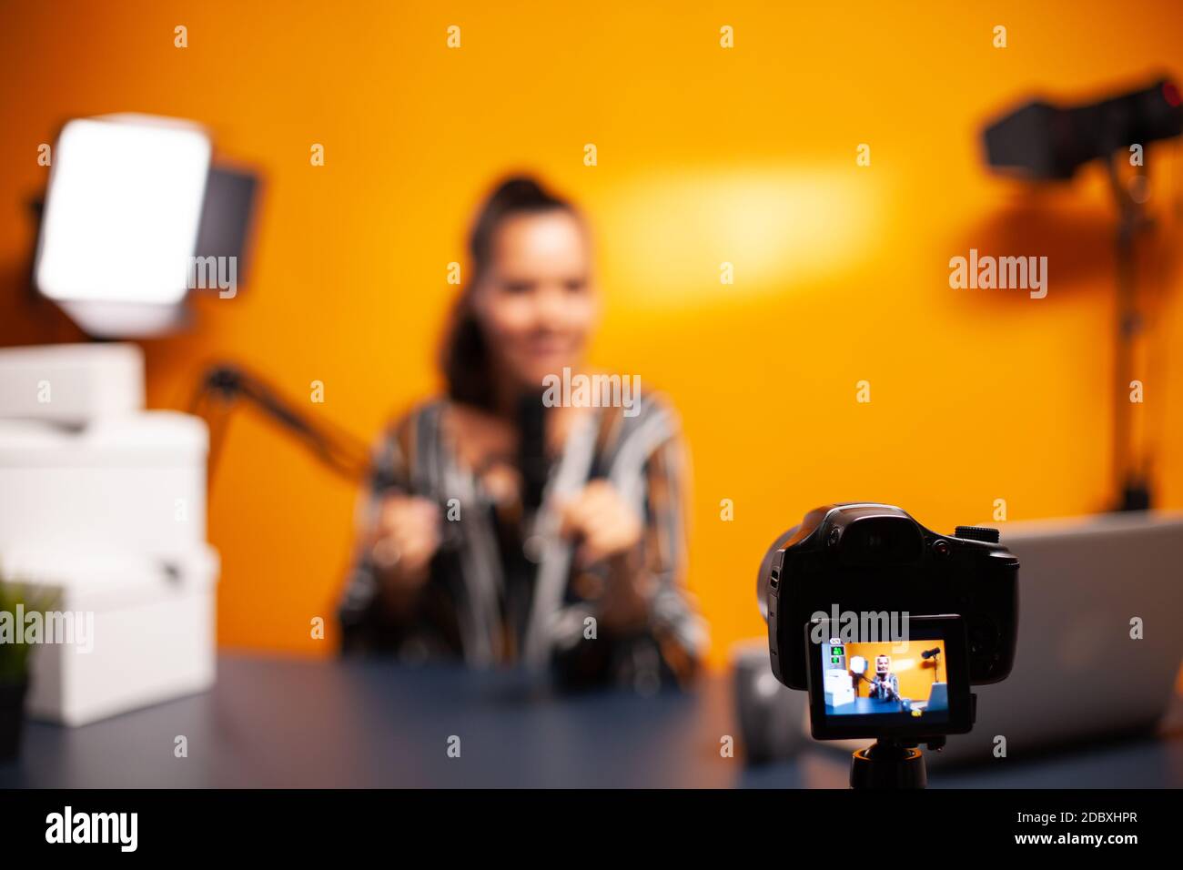 Professional camera in home studio to record vlog. Creative content ...