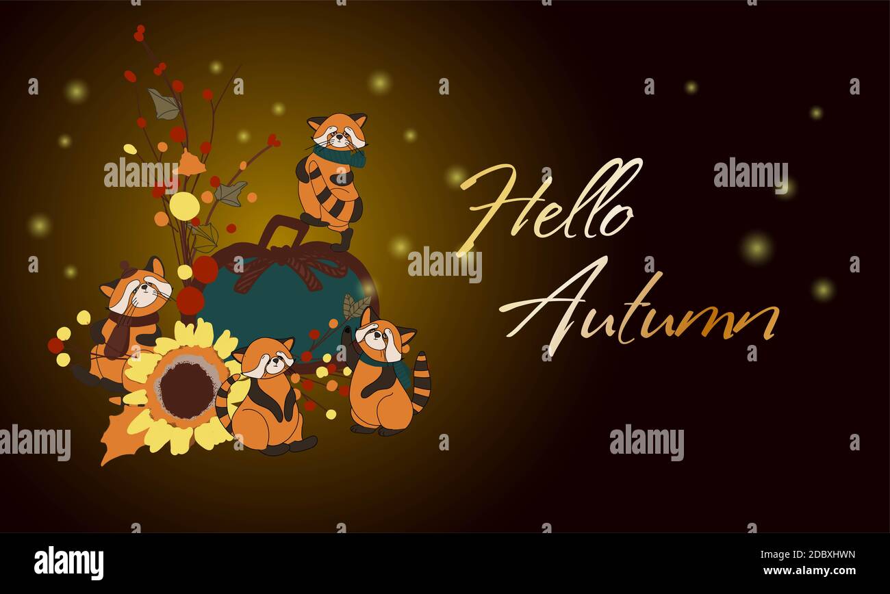 Vector poster hello autumn. Cute funny animal. Autumn mood Stock Photo ...