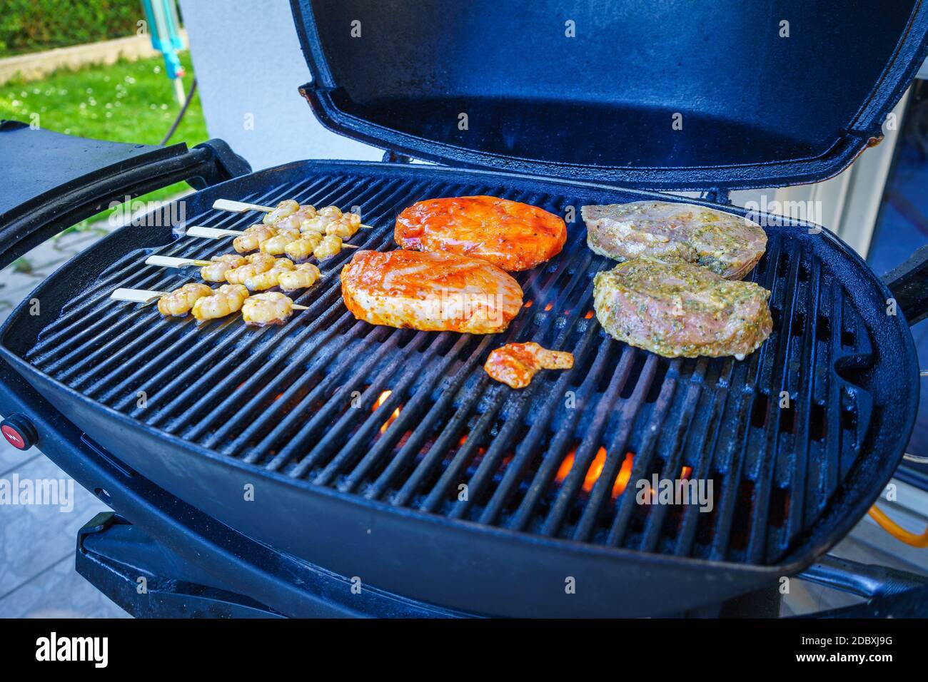 Steak and Fish on a Gas Grill Stock Photo - Alamy