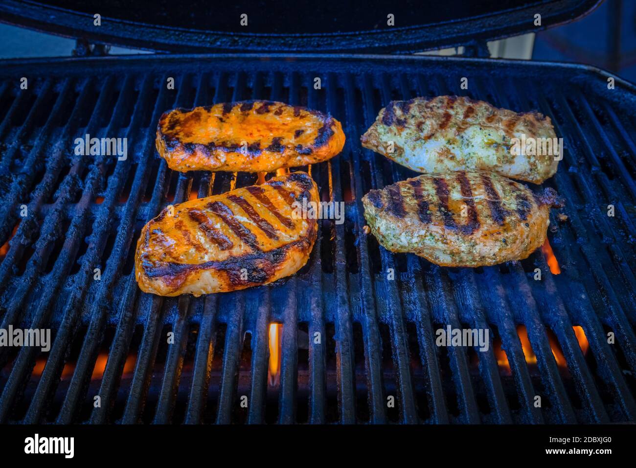 Steak and Fish on a Gas Grill Stock Photo - Alamy