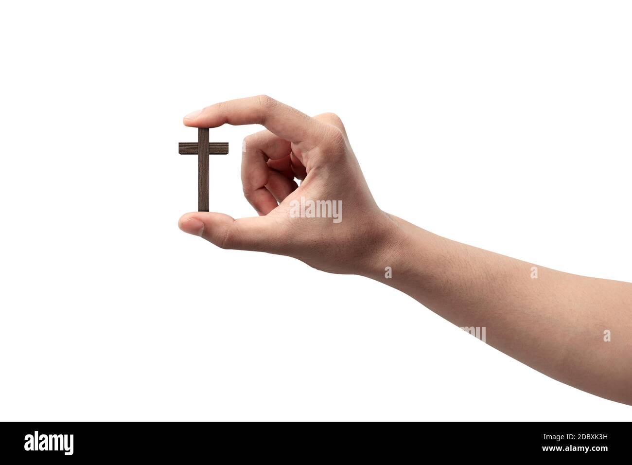 Human hand holding Christian cross isolated over white background Stock ...